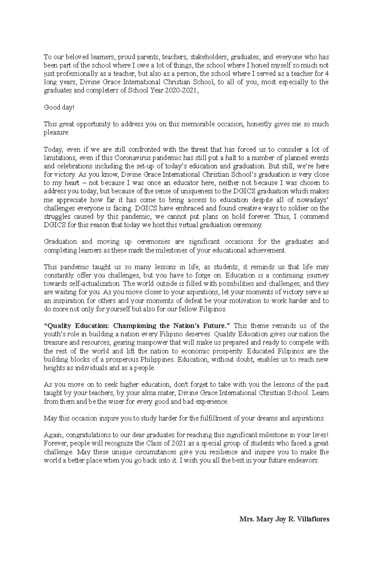 Graduation Speech Final - To our beloved learners, proud parents ...