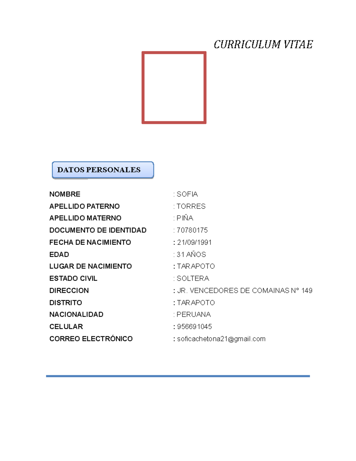 CV sofi modificado - JHGF - CURRICULUM VITAE NOMBRE : SOFIA APELLIDO PATERNO : TORRES APELLIDO ...