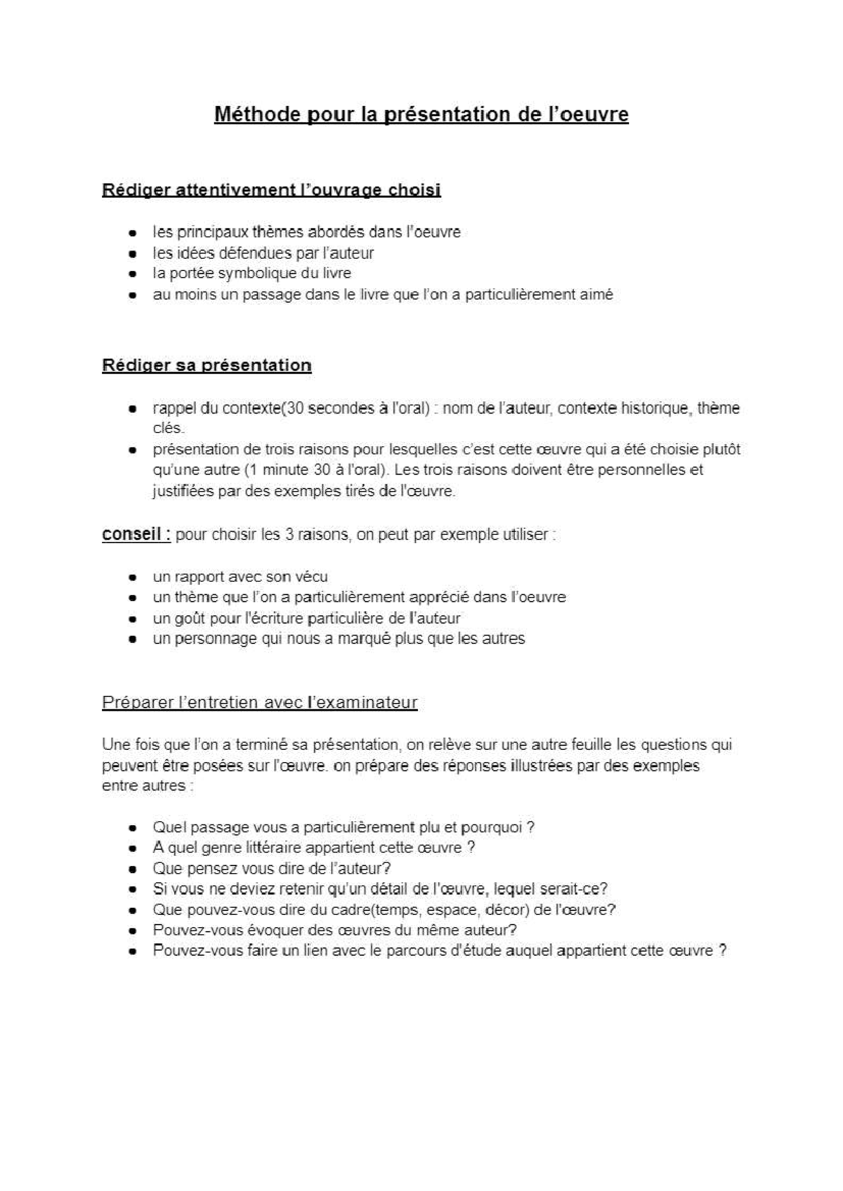 Methode presentation de l'oeuvre - Français - Studocu