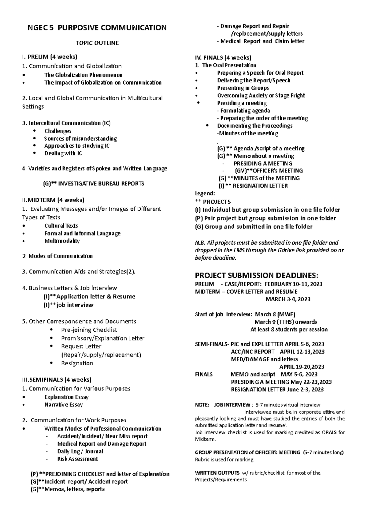NGEC 5 Purposive Communication outline and projects revised SY2022 2023 ...