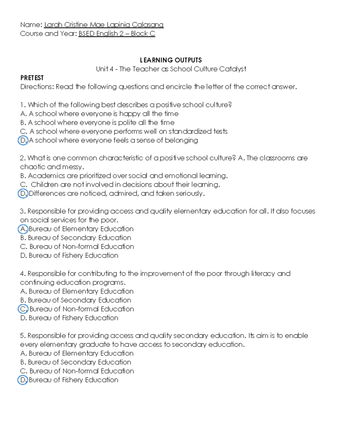The Teacher as School Culture Catalyst - Name: Larah Cristine Mae ...
