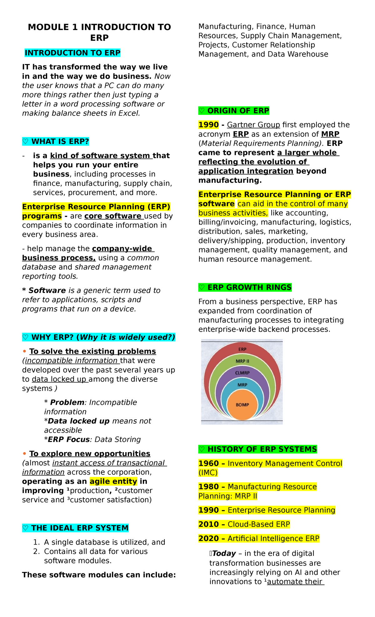 ERPM - Lesson 1 - Enterprise Resource Planning - MODULE 1 INTRODUCTION ...