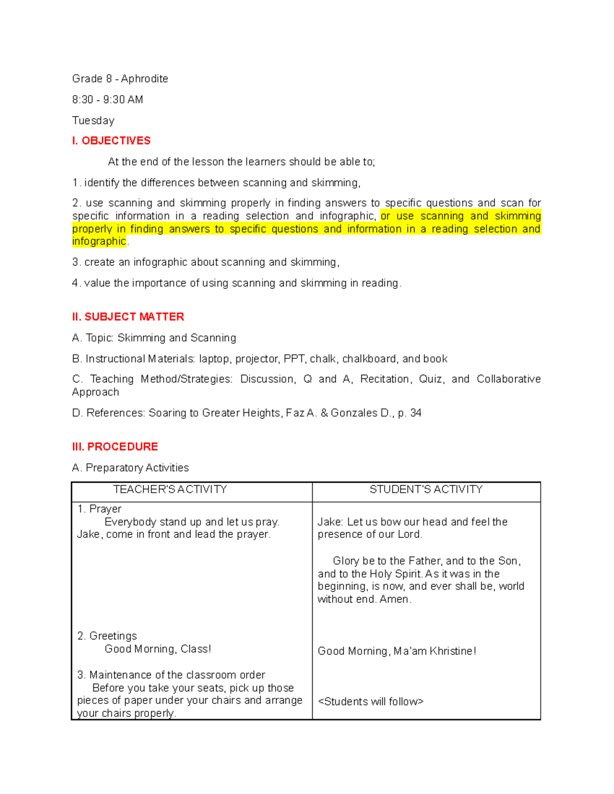 Grade 8 (12) - SAMPLE LESSON PLAN - Grade 8 - Aphrodite 8:30 - 9:30 AM ...