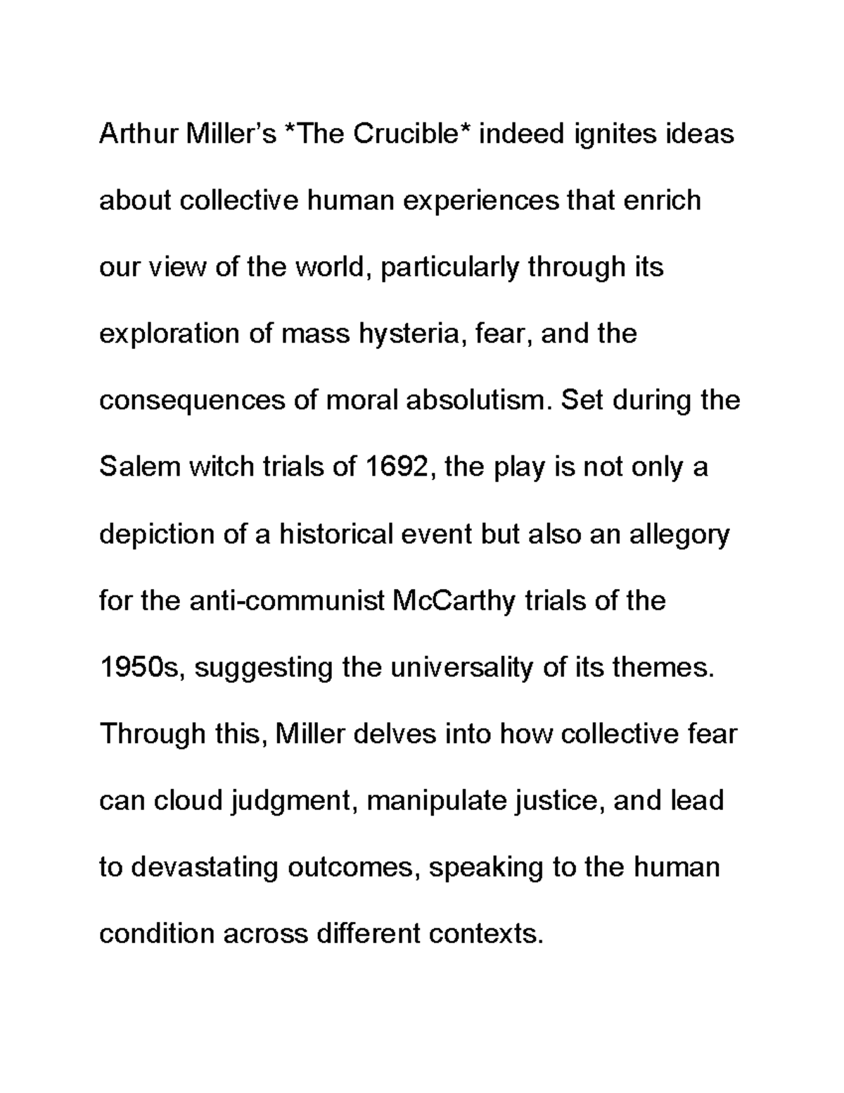 The Crucible Essay - Texts & Human Experience - Arthur Miller’s The ...