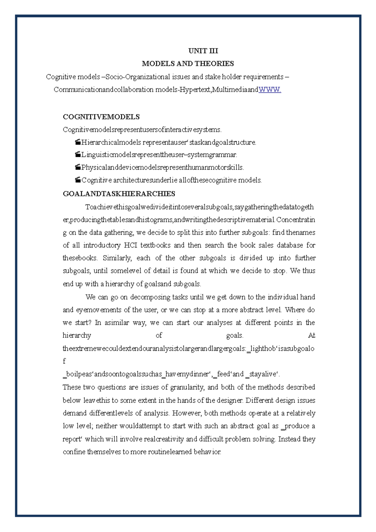 UNIT III - unit 3 short notes - UNIT III MODELS AND THEORIES Cognitive ...