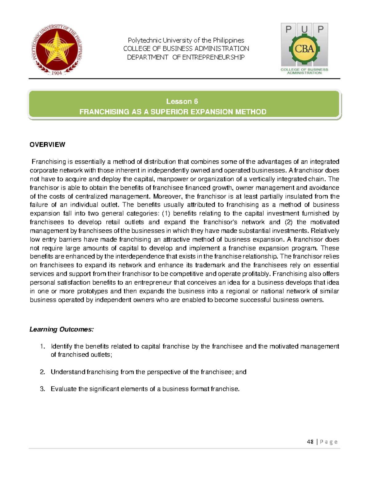 Franchising lesson 6 8 - practice materials - of COLLEGE OF BUSINESS ...