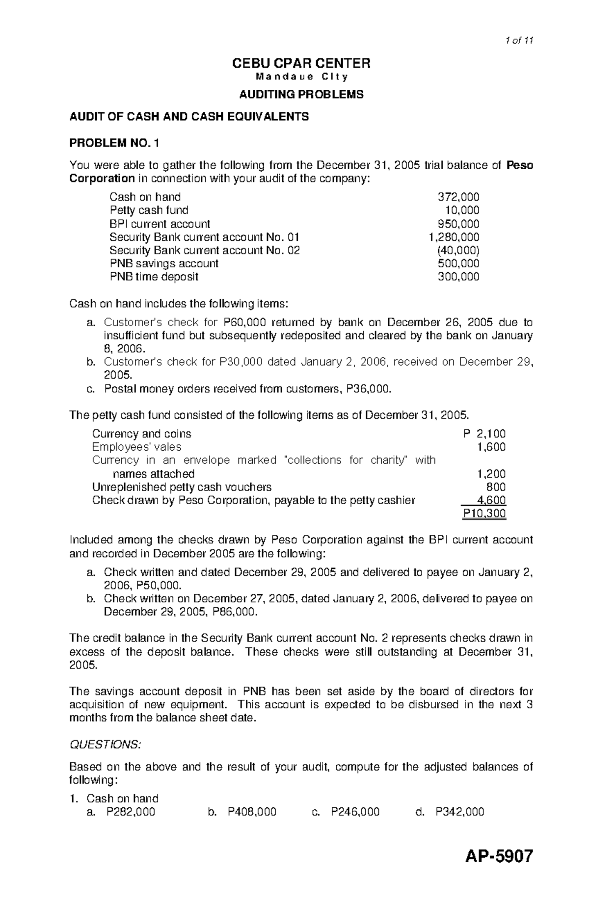 CASH AUDIT PROBLEM - CEBU CPAR CENTER M a n d a u e C I t y AUDITING ...