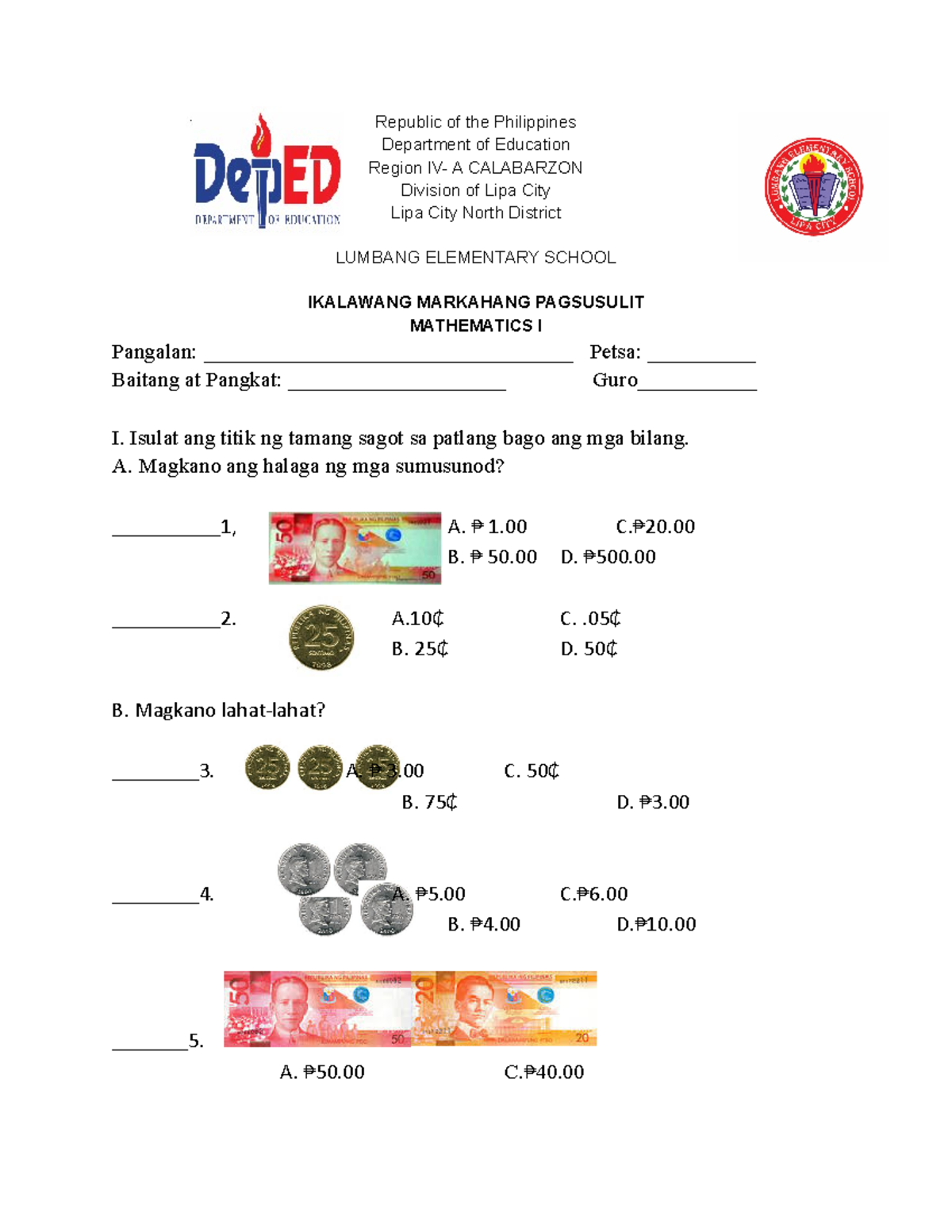 PT Mathematics 1 Q2 - Sample Periodic Test Melc based - Republic of the ...