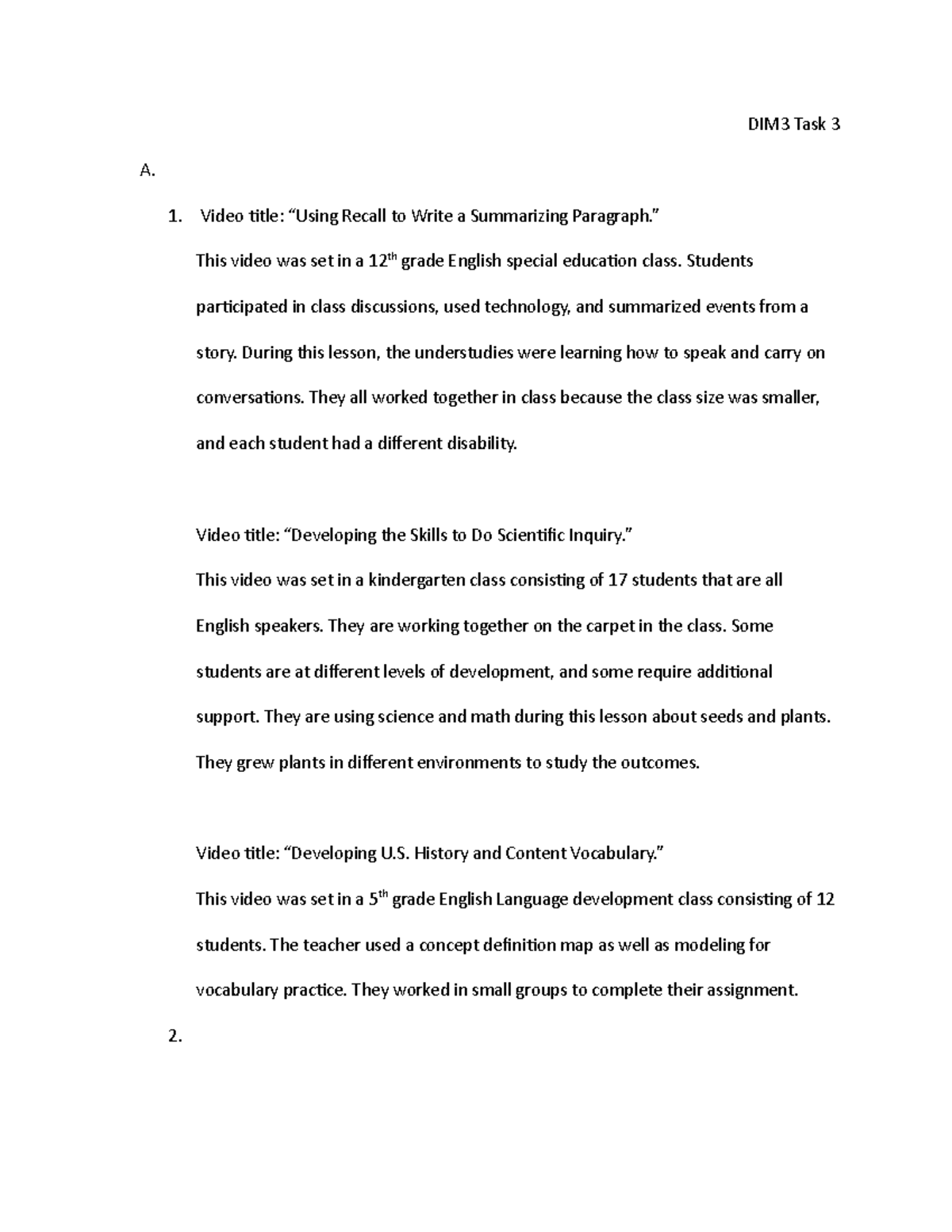 DIM3 Task 3 - passed - DIM3 Task 3 A. Video title: “Using Recall to Write a Summarizing ...