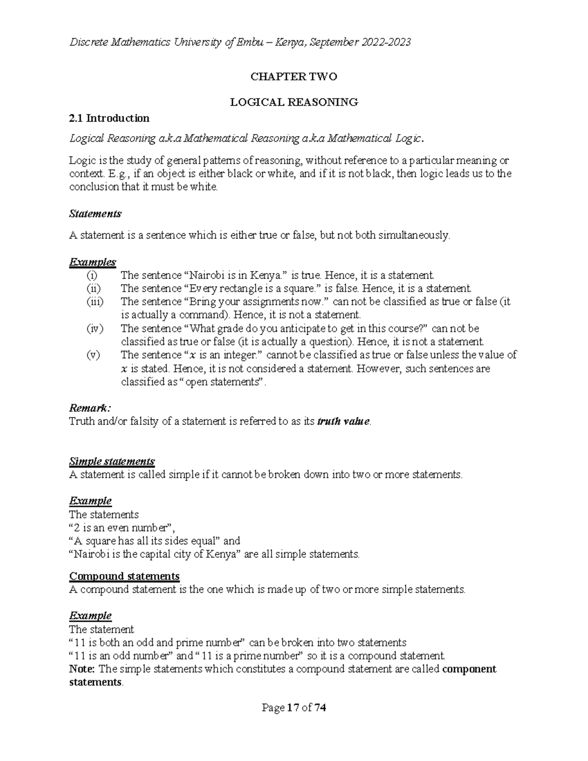 CSC 113 Discrete Mathematics 2 - CHAPTER TWO LOGICAL REASONING 2 ...