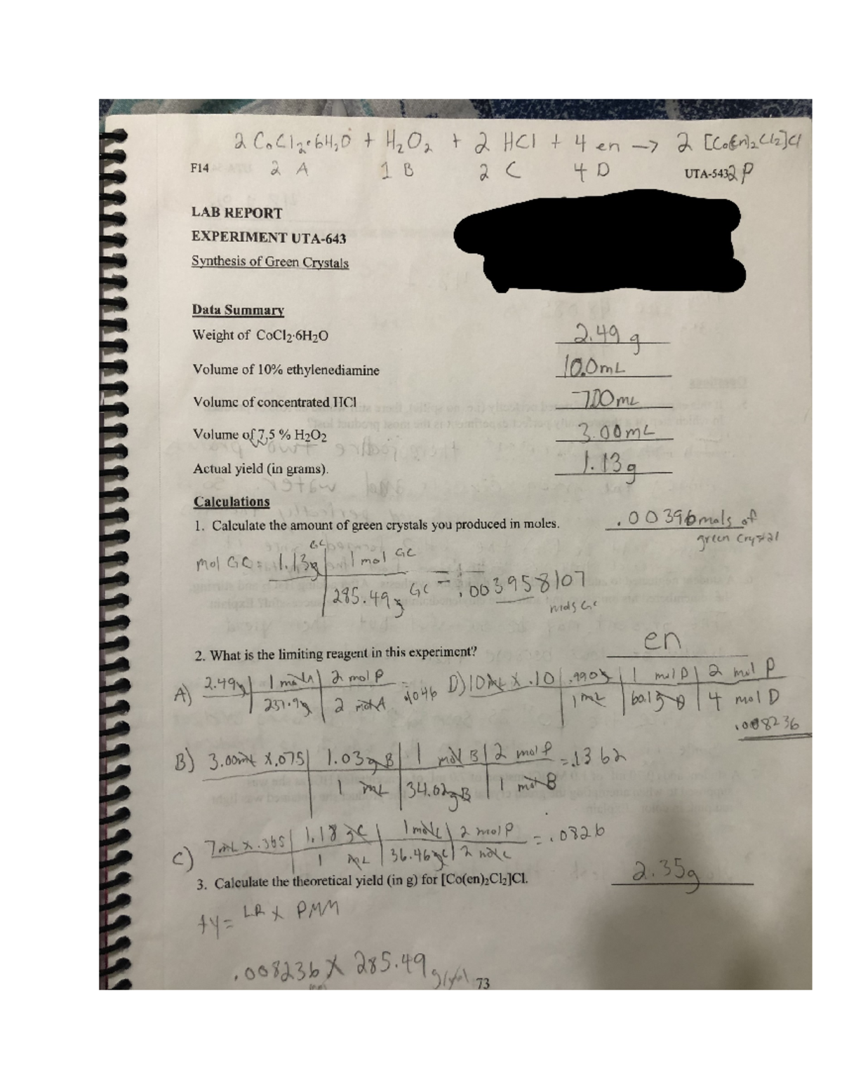 Gen Chem UTA Lab 543 - Lab work for synthesis of green crystals - t 2 ...