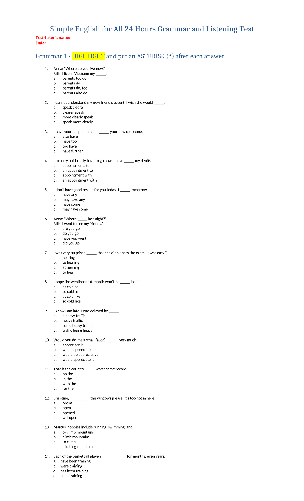 Exam - Study guide - Simple English for All 24 Hours Grammar and ...