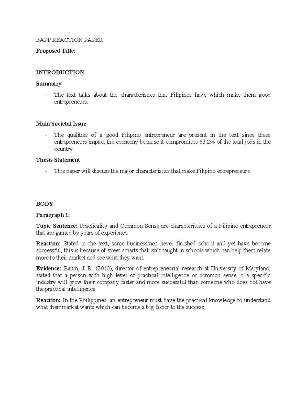 EAPP Reaction Paper - EAPP REACTION PAPER Proposed Title: INTRODUCTION ...