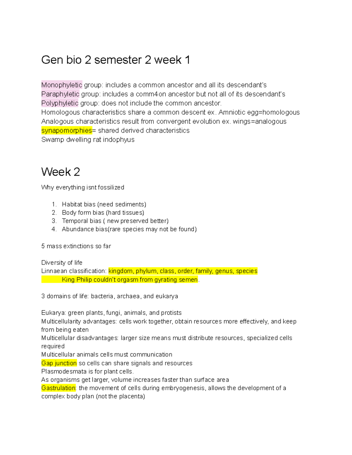 Gen Bio 2 notes - Gen bio 2 semester 2 week 1 Monophyletic group ...