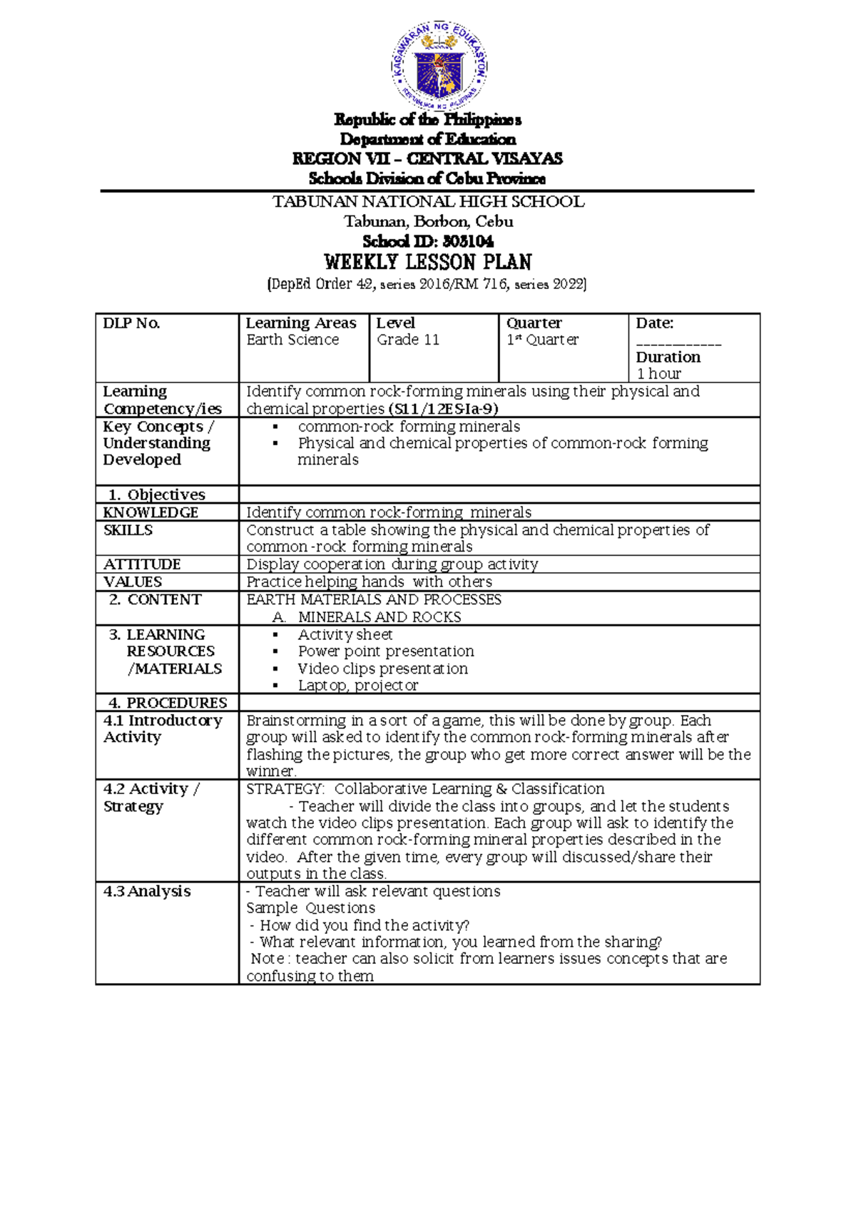9EScompetency 9A - earth and life science - Republic of the Philippines ...