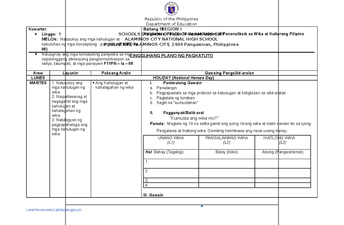 WLP L1 - Daily Lesson Plan in Filipino 11 (Komunikasyon at Pananaliksik sa Wika at Kulturang ...