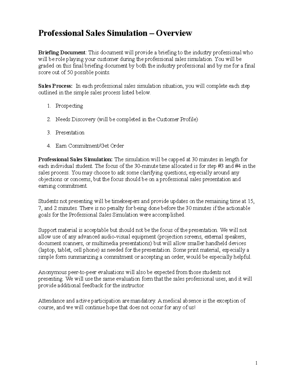 Professional Sales Simulation Handout - Professional Sales Simulation ...