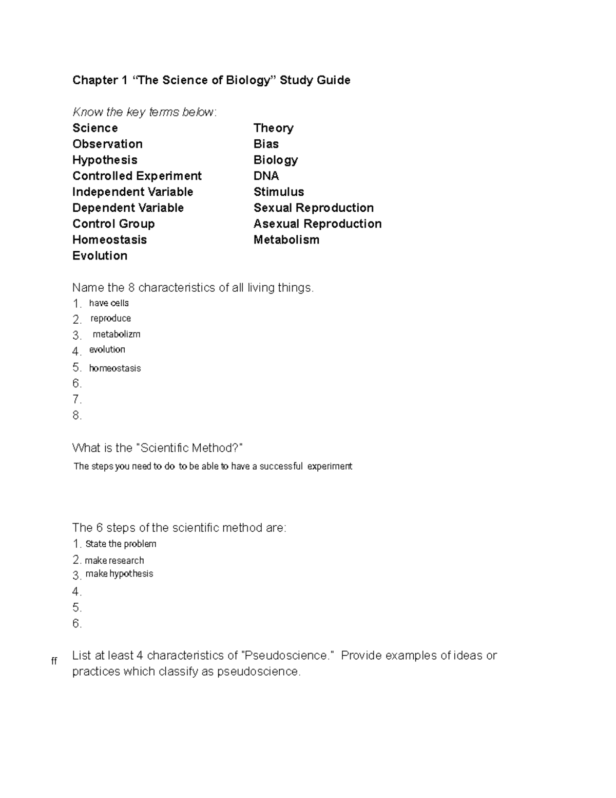 Mathias Ramirez - Ch. 1 Study Guide - Chapter 1 “The Science of Biology” Study Guide Know the ...