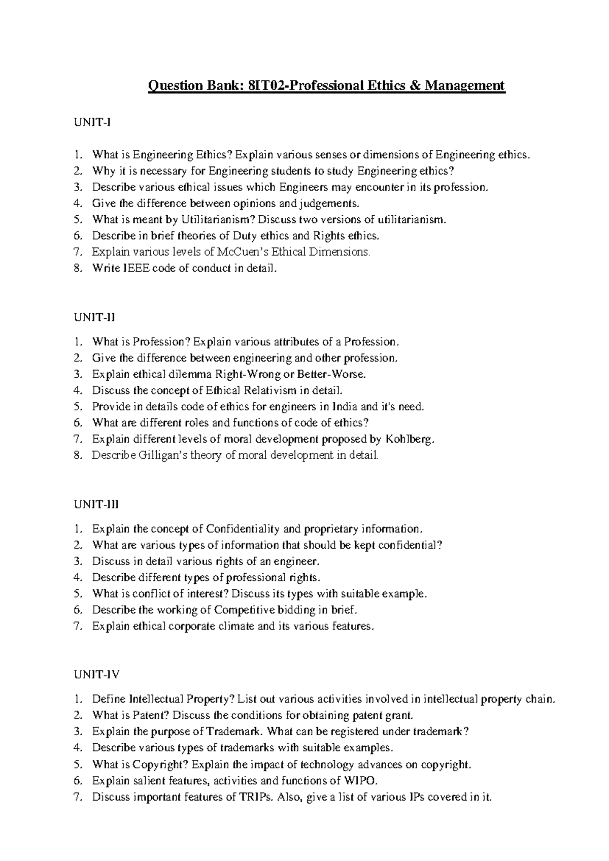 8IT02 PE&M Question Bank - Question Bank: 8IT02-Professional Ethics ...