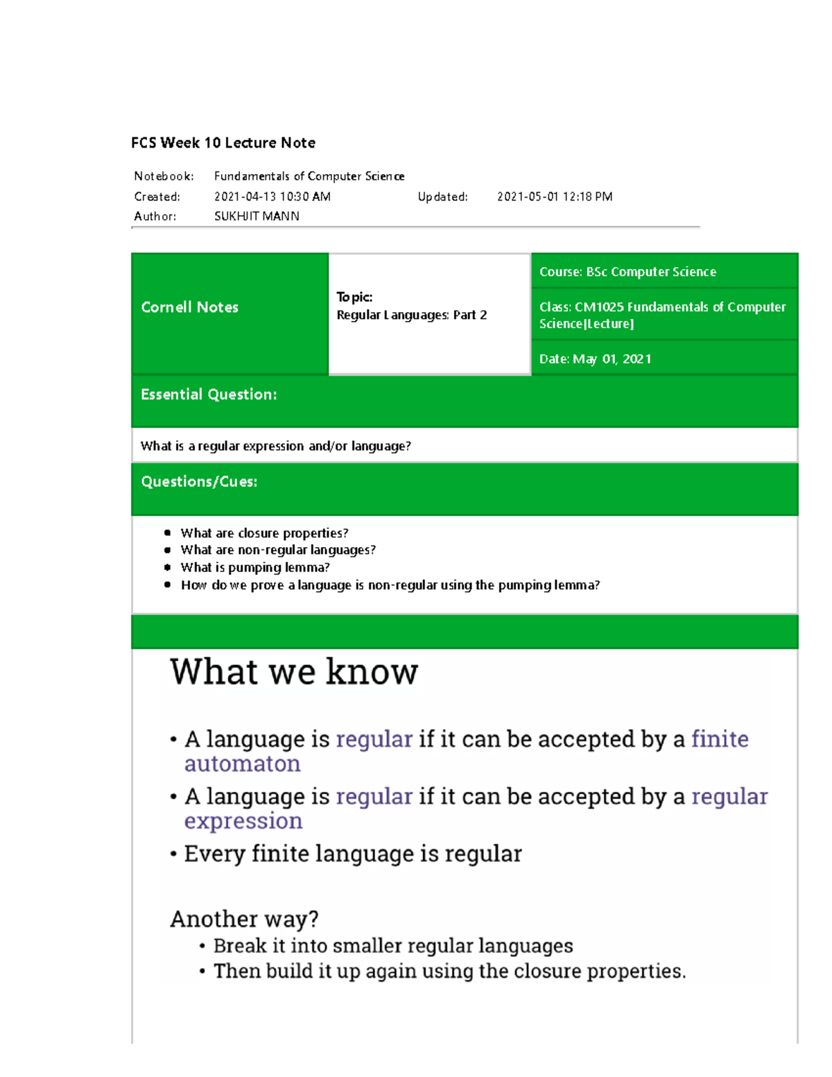 Week 10 Fcs Lecture Note Notebook Fundamentals Of Computer Science