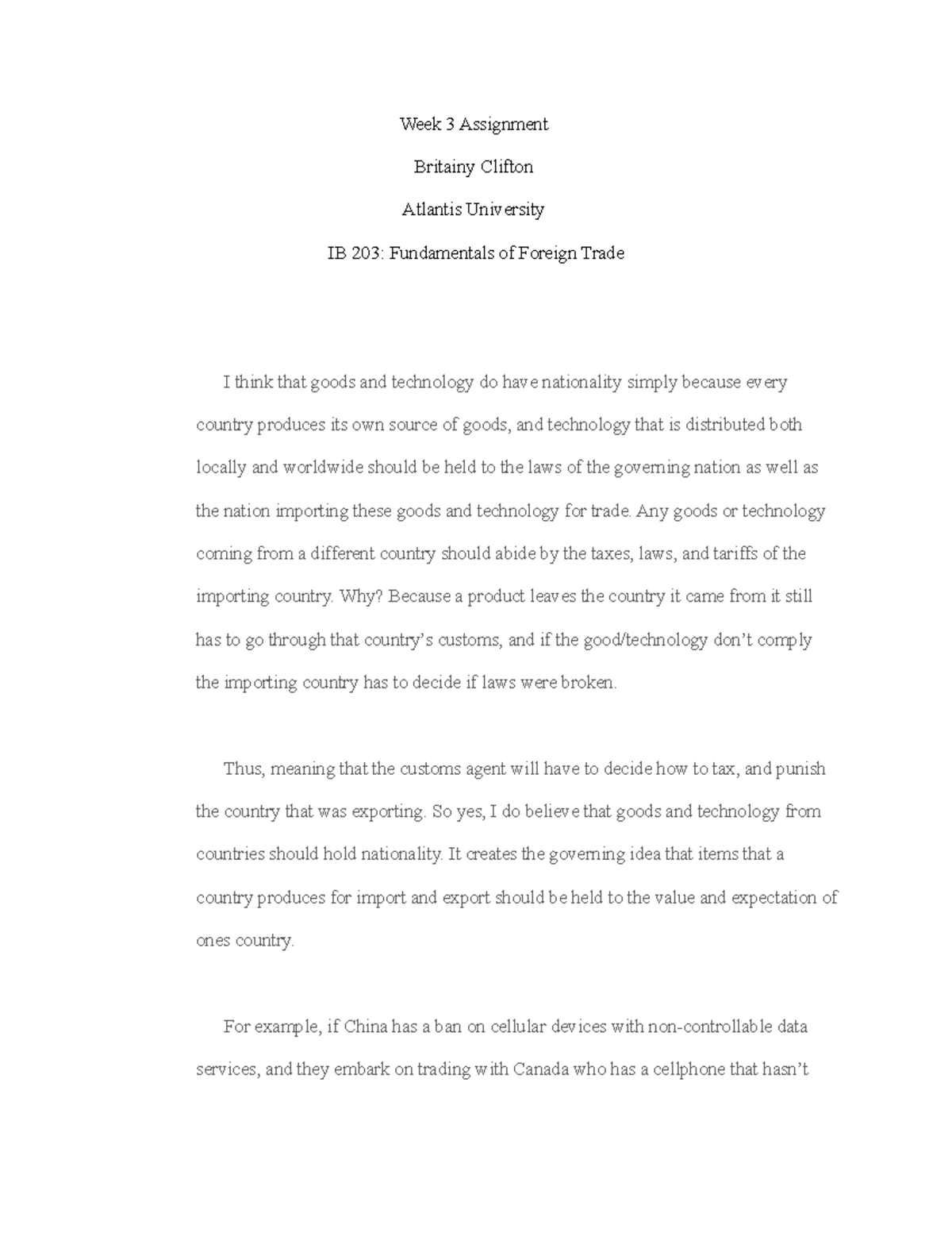 Week 3 Assignment IB - Week 3 Assignment Britainy Clifton Atlantis ...