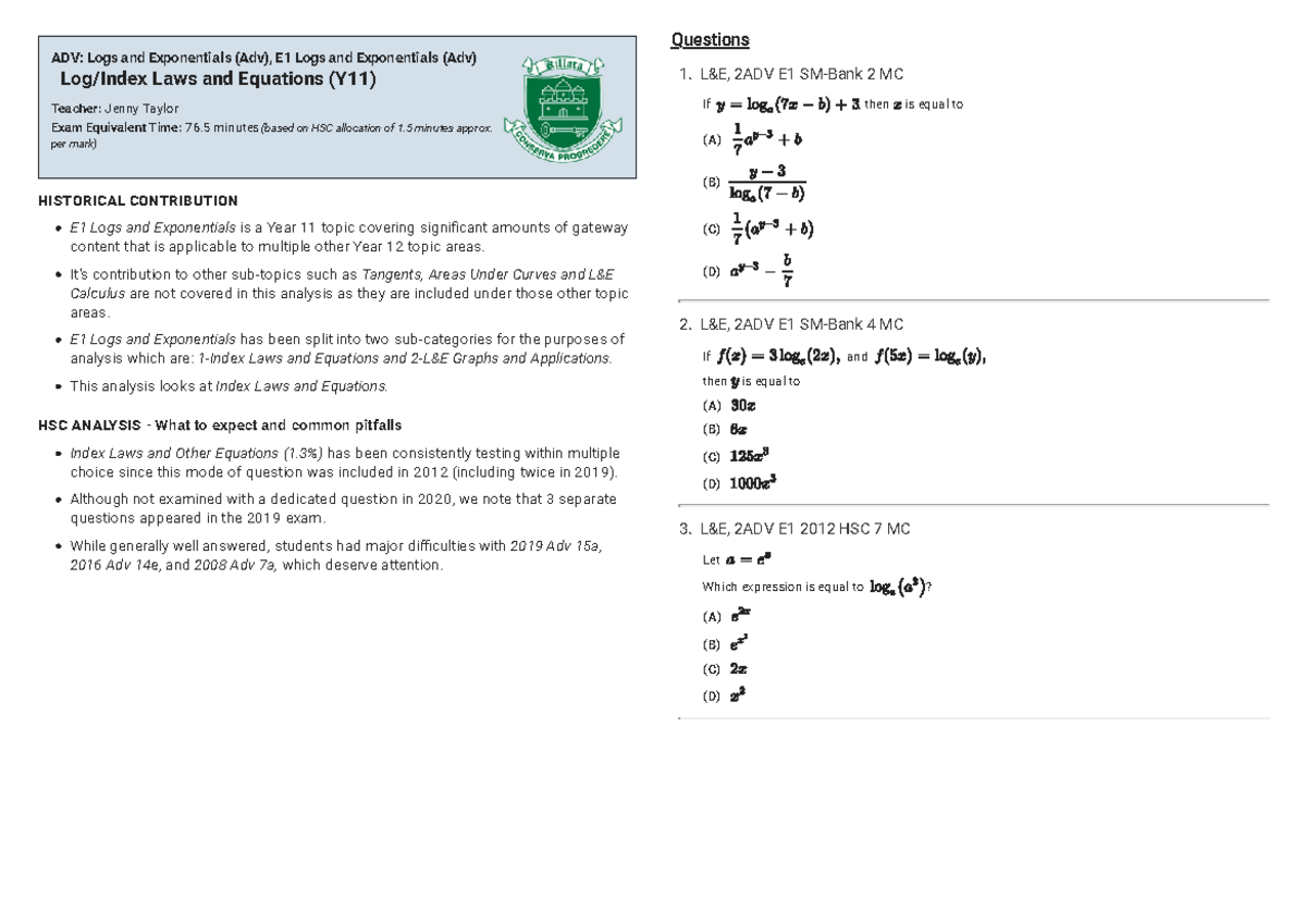 Math 2U Log, Index Laws and Equations questions - ADV: Logs and ...