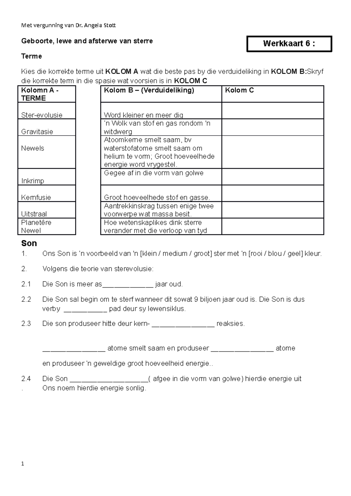 Gr 9 Werkkaart 6 Sterre 1476388197 - Geboorte, lewe and afsterwe van ...