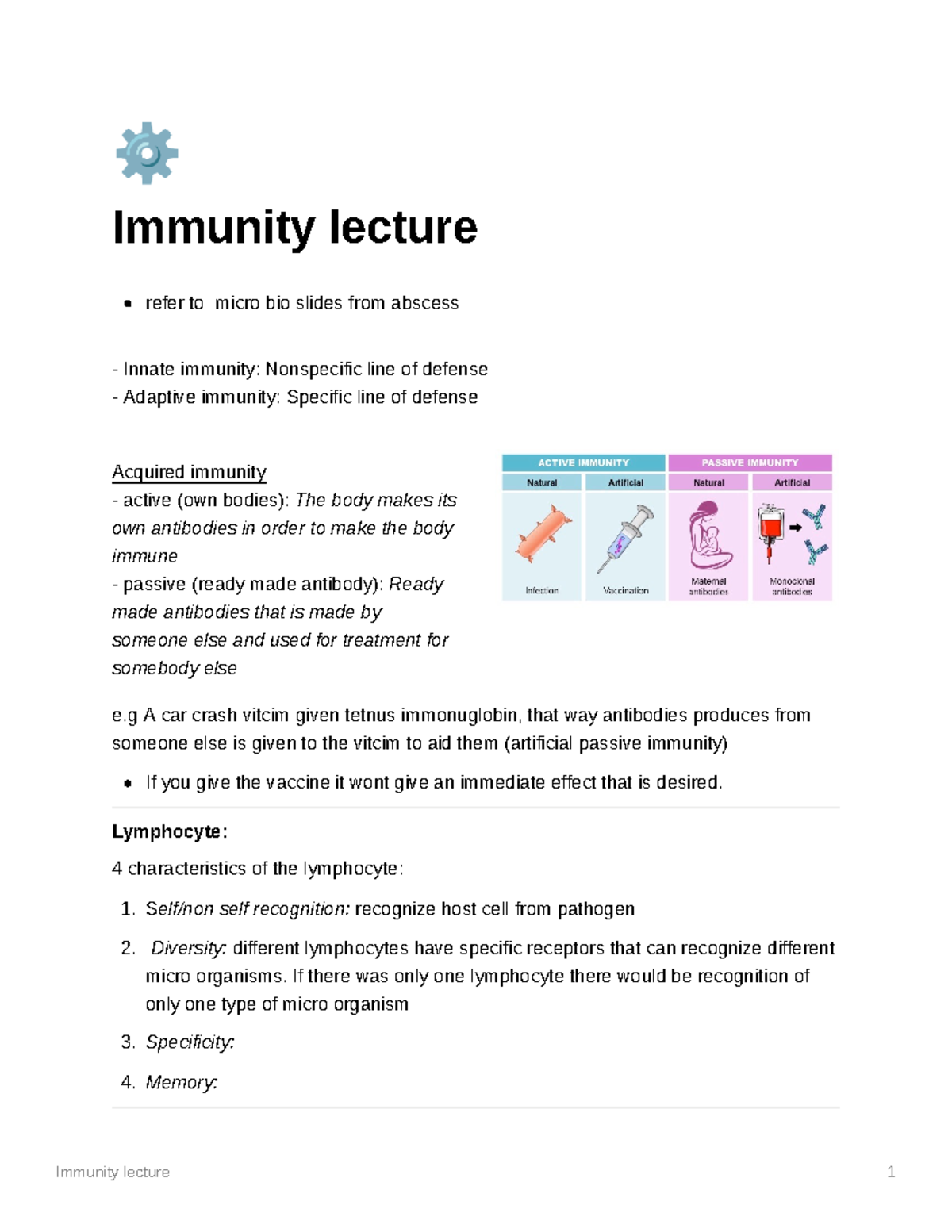 Immunity lecture - ⚙ Immunity lecture refer to micro bio slides from ...