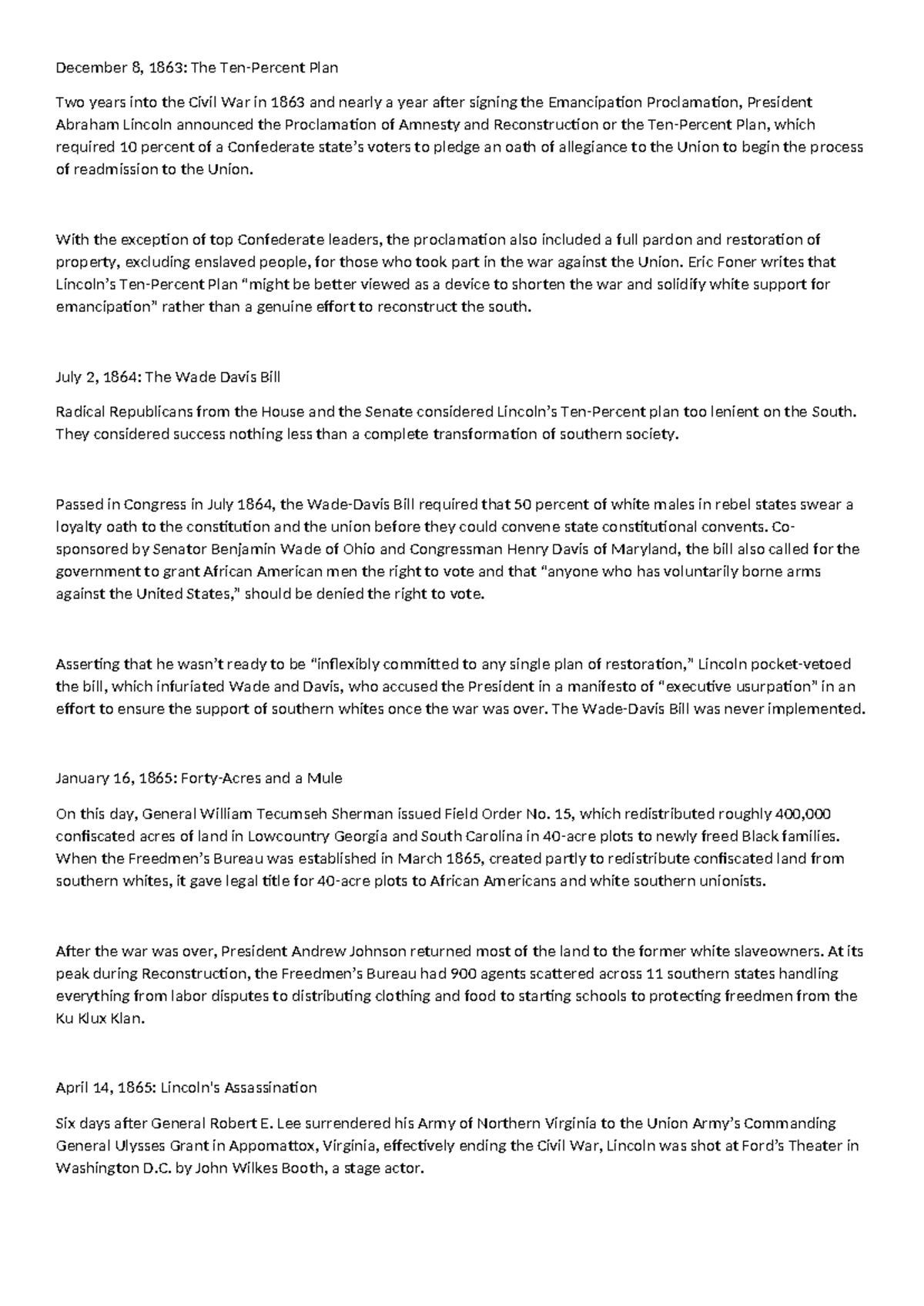 Reconstruction timeline 1865-77 - December 8, 1863: The Ten-Percent ...