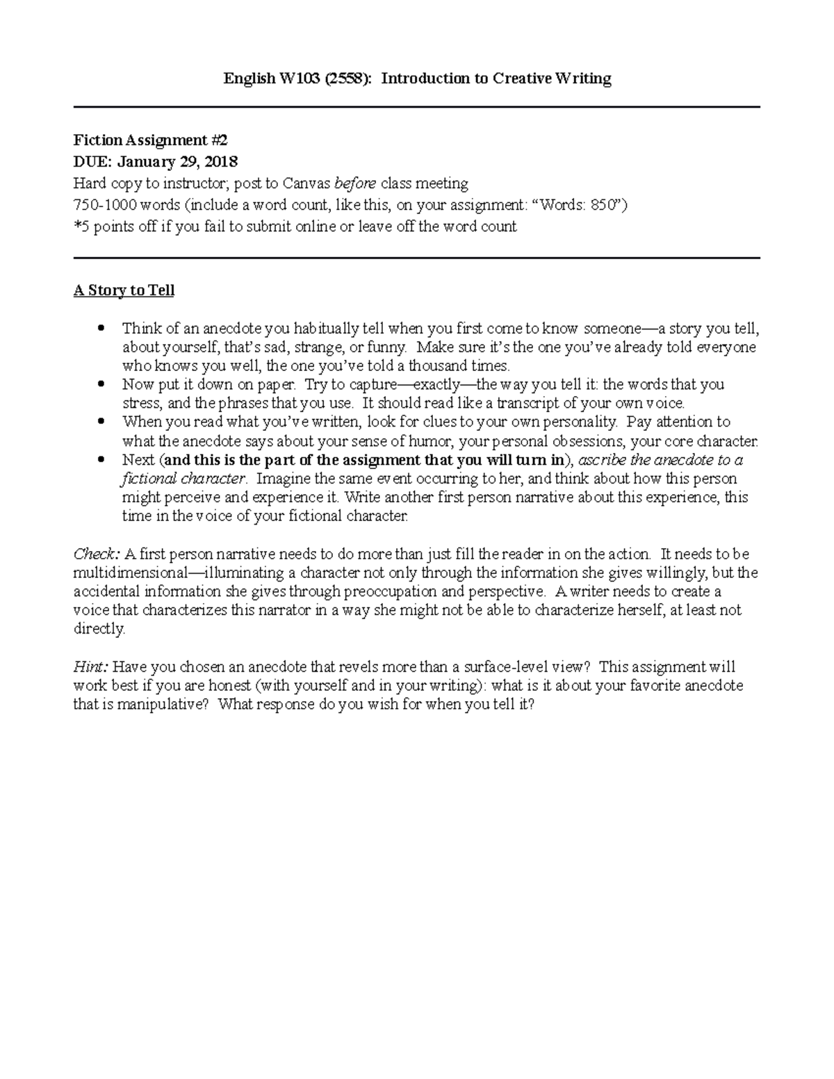 Fiction Assignment#2 - Make sure the one already told everyone who ...