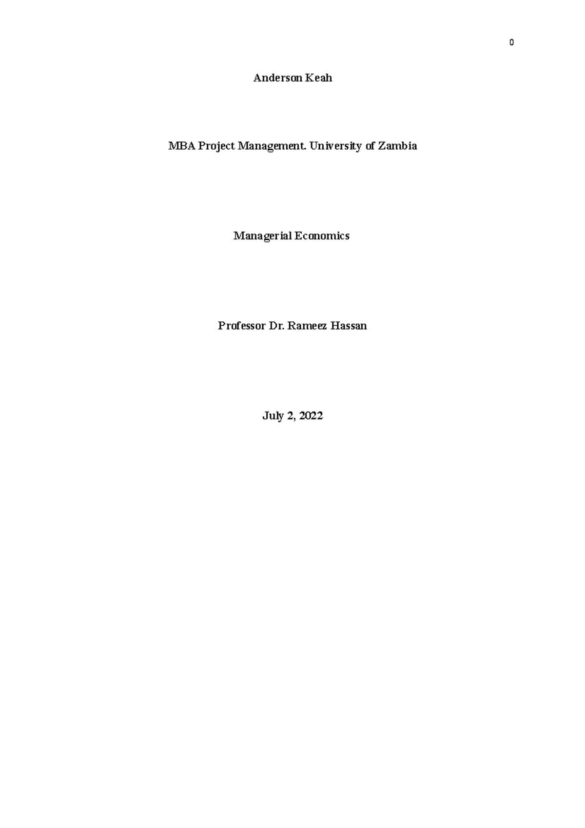 Managerial Economic project - 0 Anderson Keah MBA Project Management ...