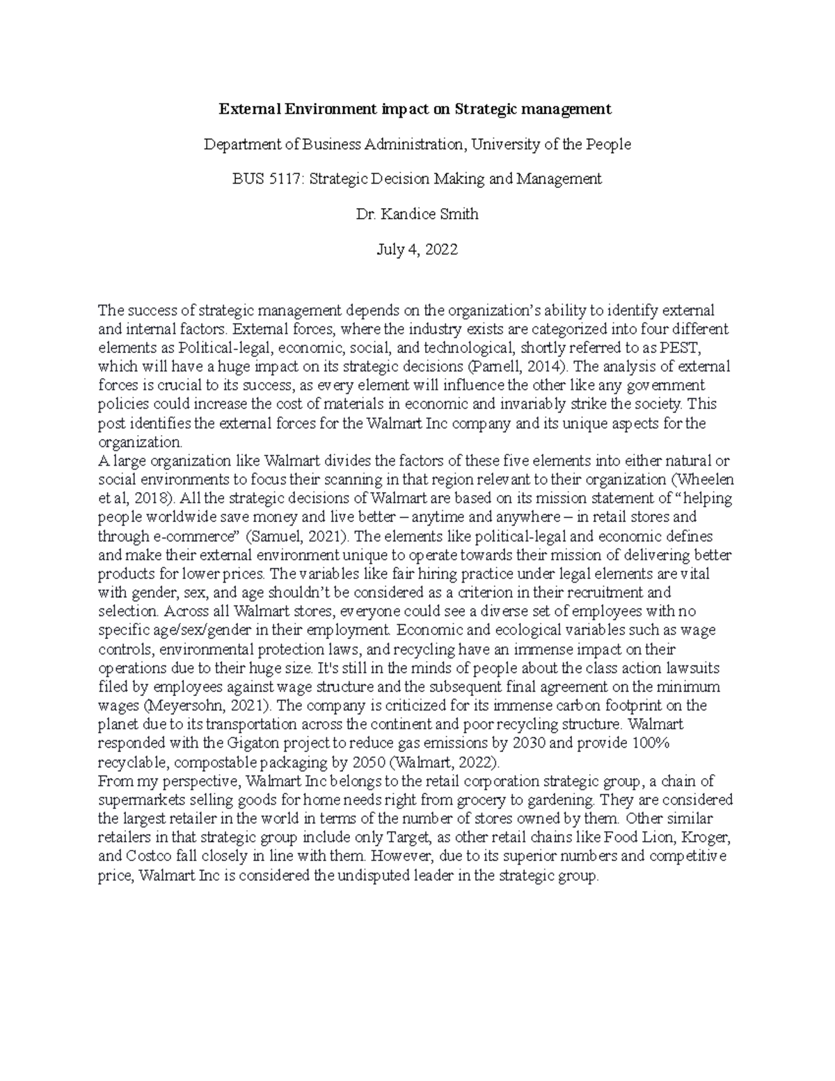 DA 3 - Discussion assignment - External Environment impact on Strategic management Department of ...