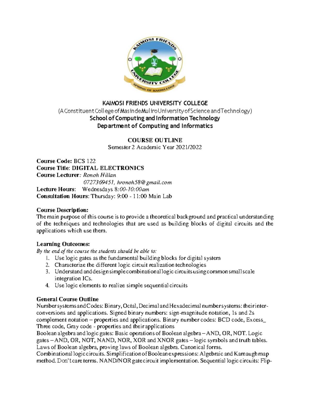 BCS 122-Digital Electronics Course Outline Jan 2020-converted - KAIMOSI ...