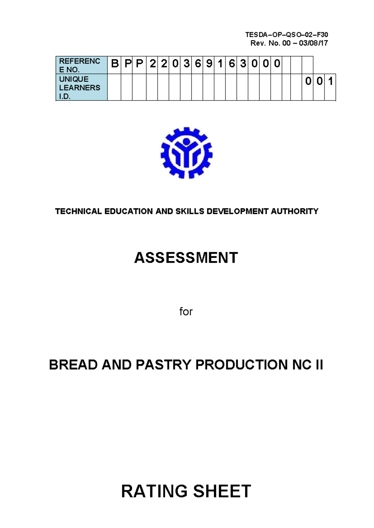 BPP NC II - Training - TESDA–OP–QSO–02–F Rev. No. 00 – 03/08/ REFERENC ...