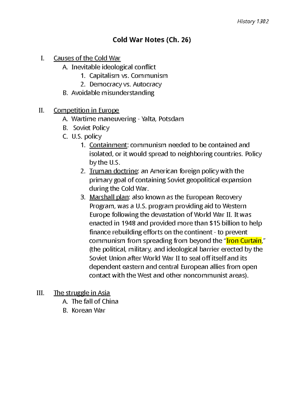 Cold War Notes - History 1302 - History 1302 Cold War Notes (Ch. 26) I ...