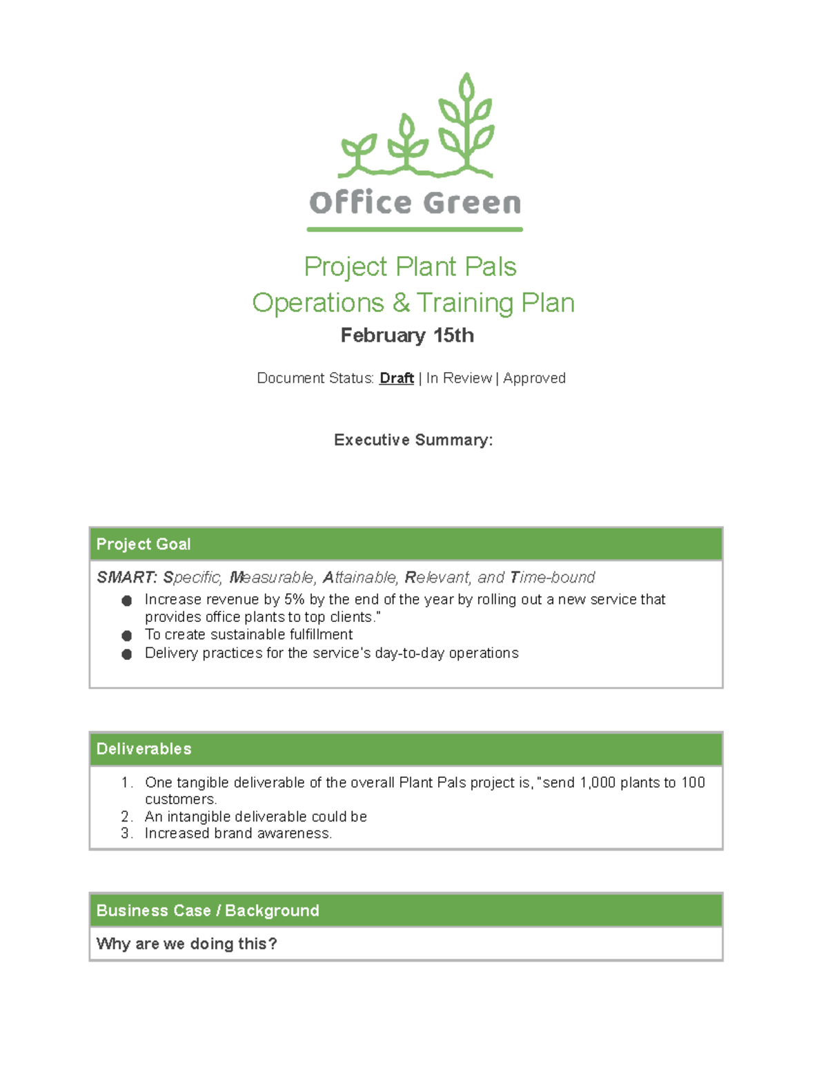 Activity Template Project charter - Project Plant Pals Operations ...
