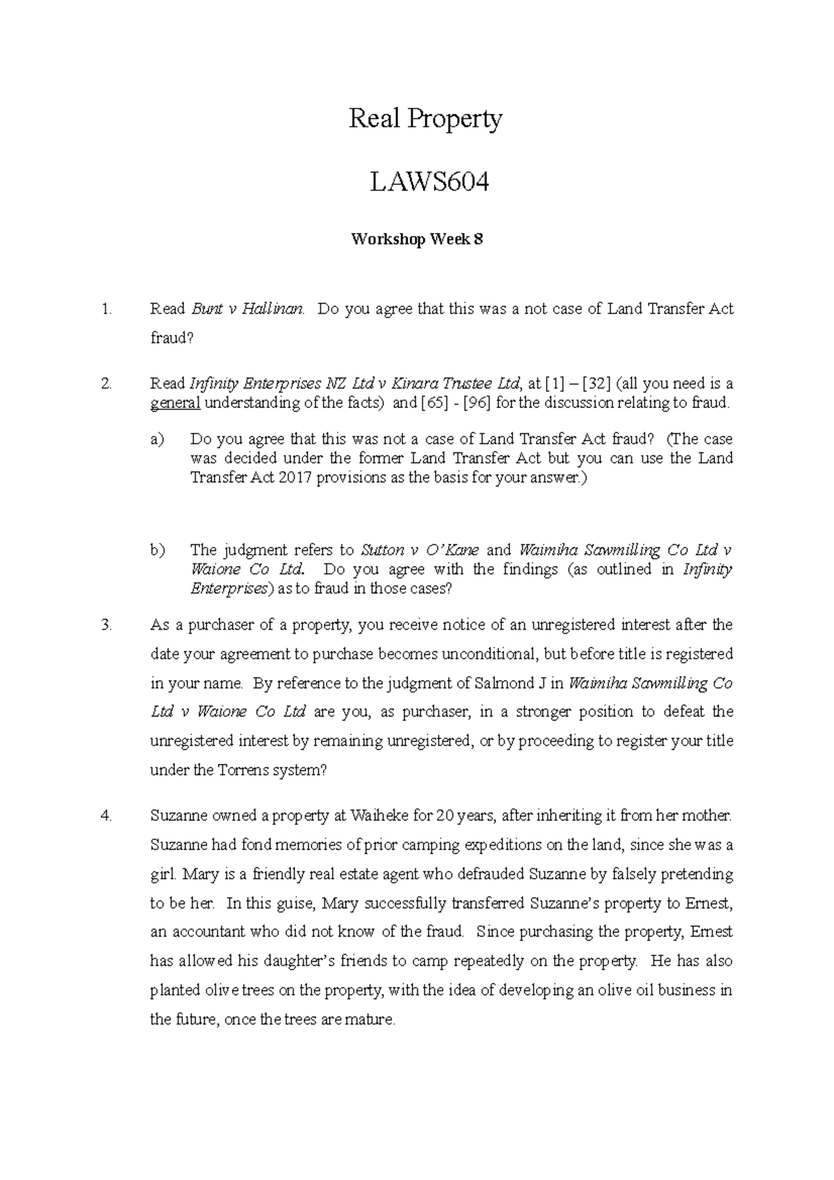 Real Property Workshop week 8-3 - Real Property LAWS Workshop Week 8 ...