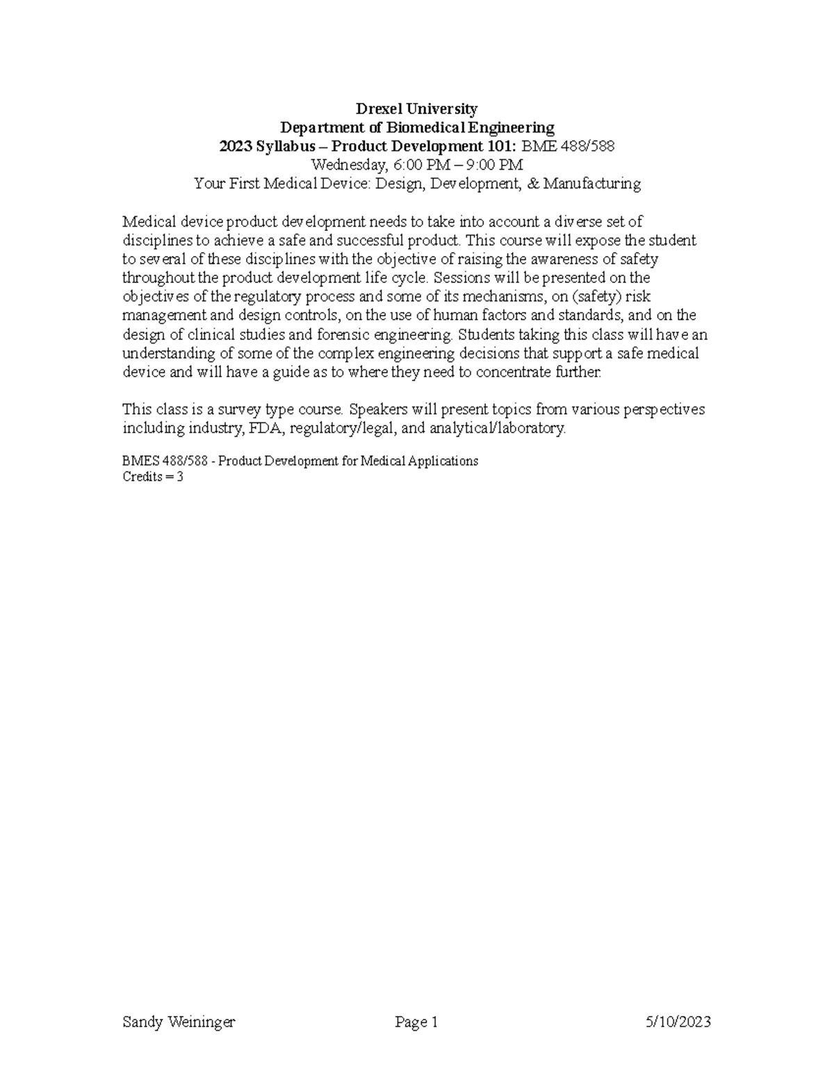 Syllabus - BME 588 Product Development - Spring 2023 - 1Feb2023 - Drexel University Department ...