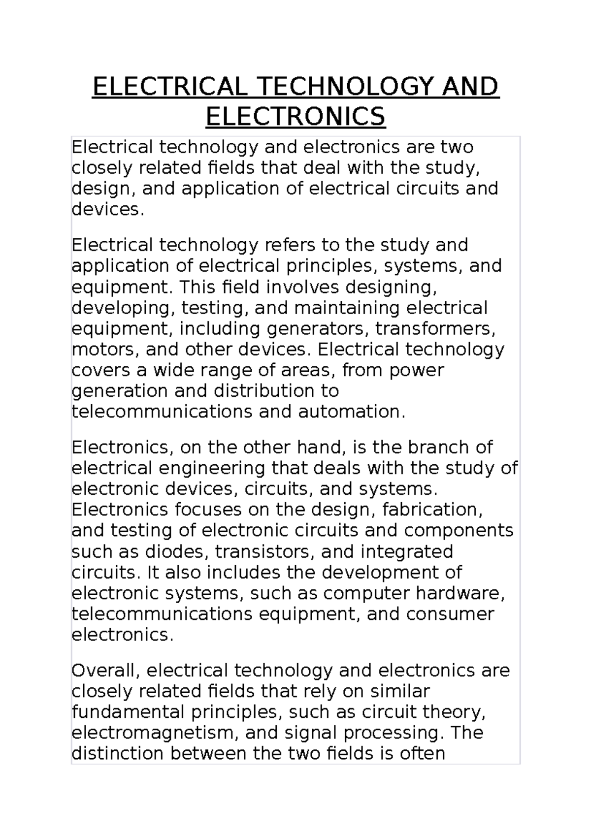 Electrical Technology AND Electronics - ELECTRICAL TECHNOLOGY AND ...