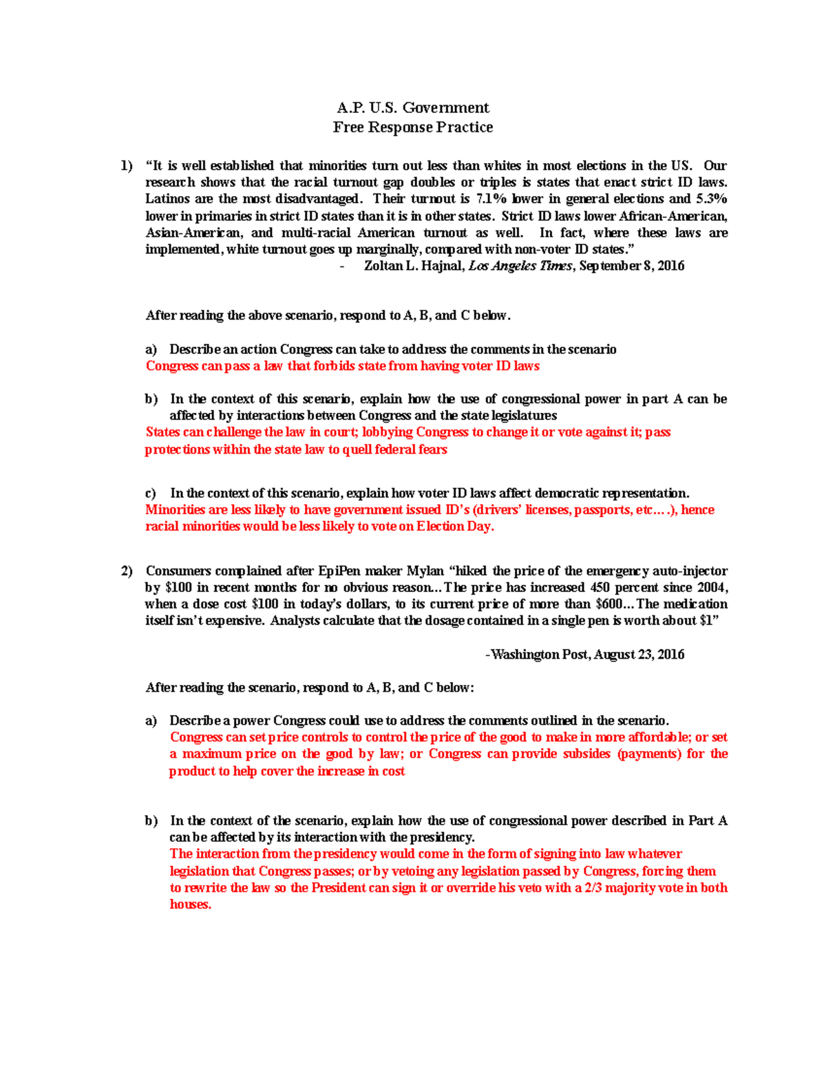 Ap free response review questions 1 spring 2020 answers - A. U ...