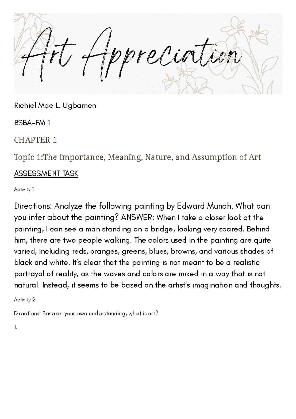 ART Appreciation Module - Richiel Mae L. Ugbamen BSBA-FM 1 CHAPTER 1 ...