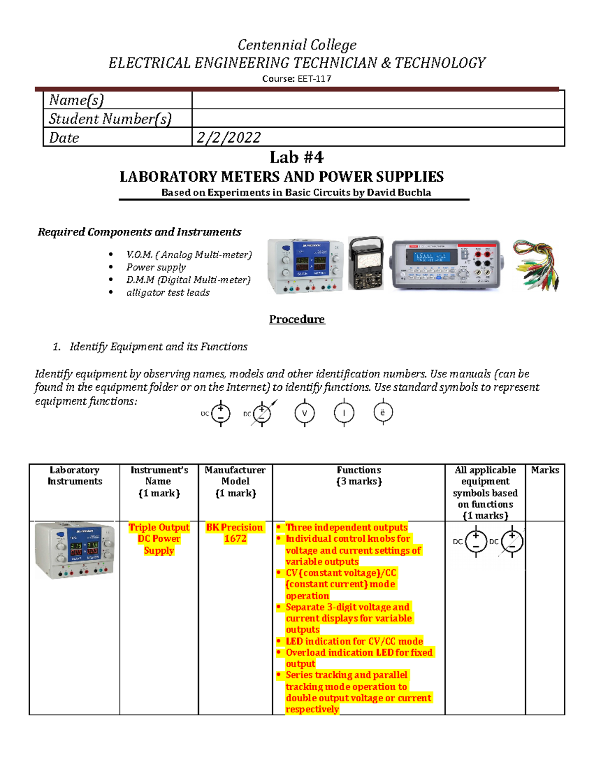 EET-117 LAB 4 W22 - Theory Lab - Centennial College ELECTRICAL ...
