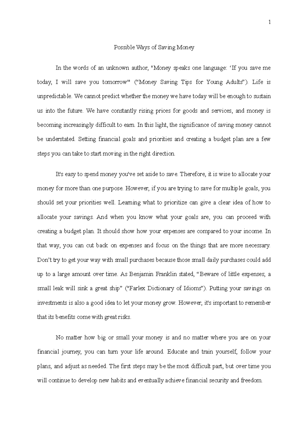 Essay Possible Ways Of Saving Money 1 Possible Ways Of Saving Money
