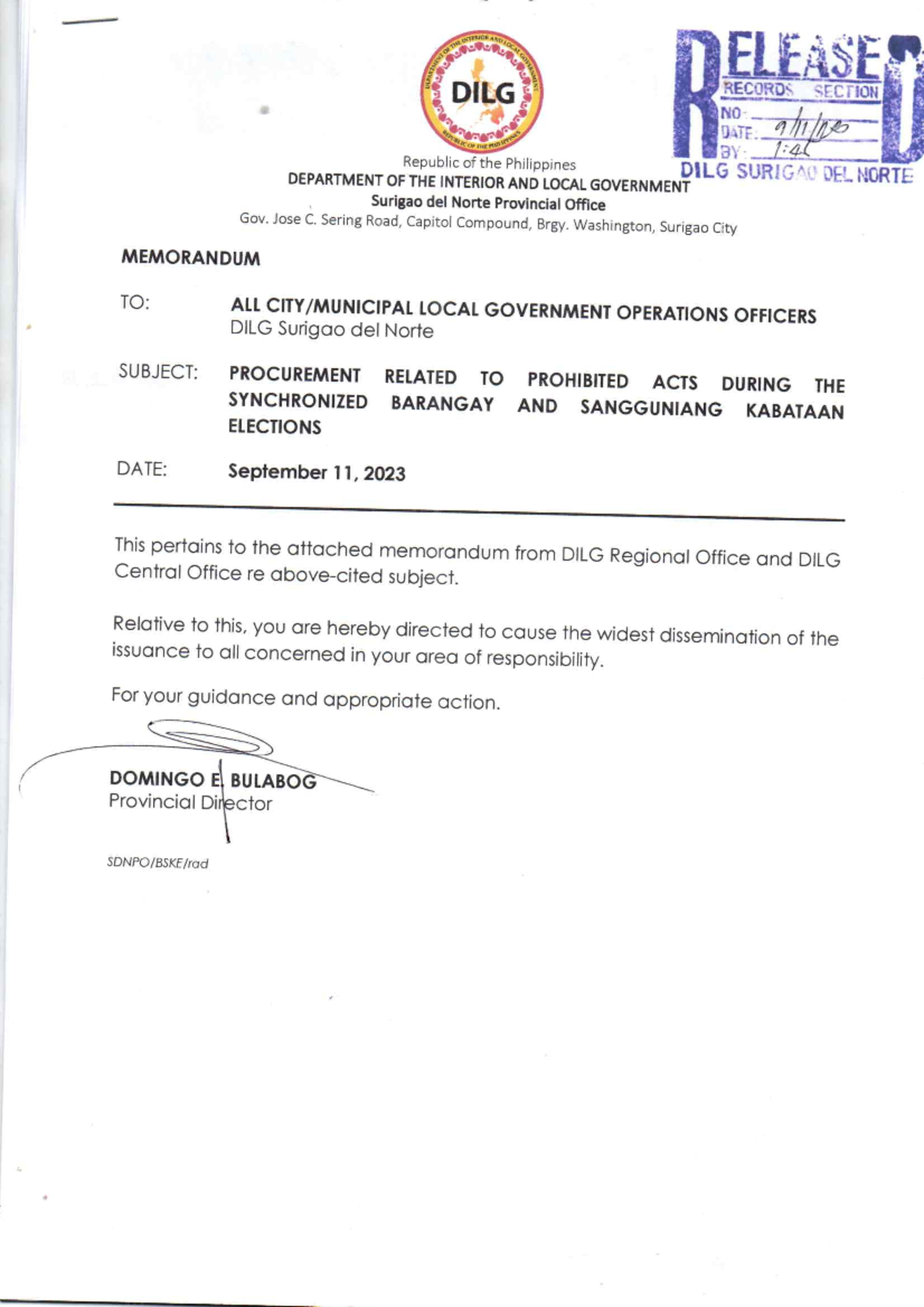 MEMO (procurement related to prohibited acts during the synchronized ...