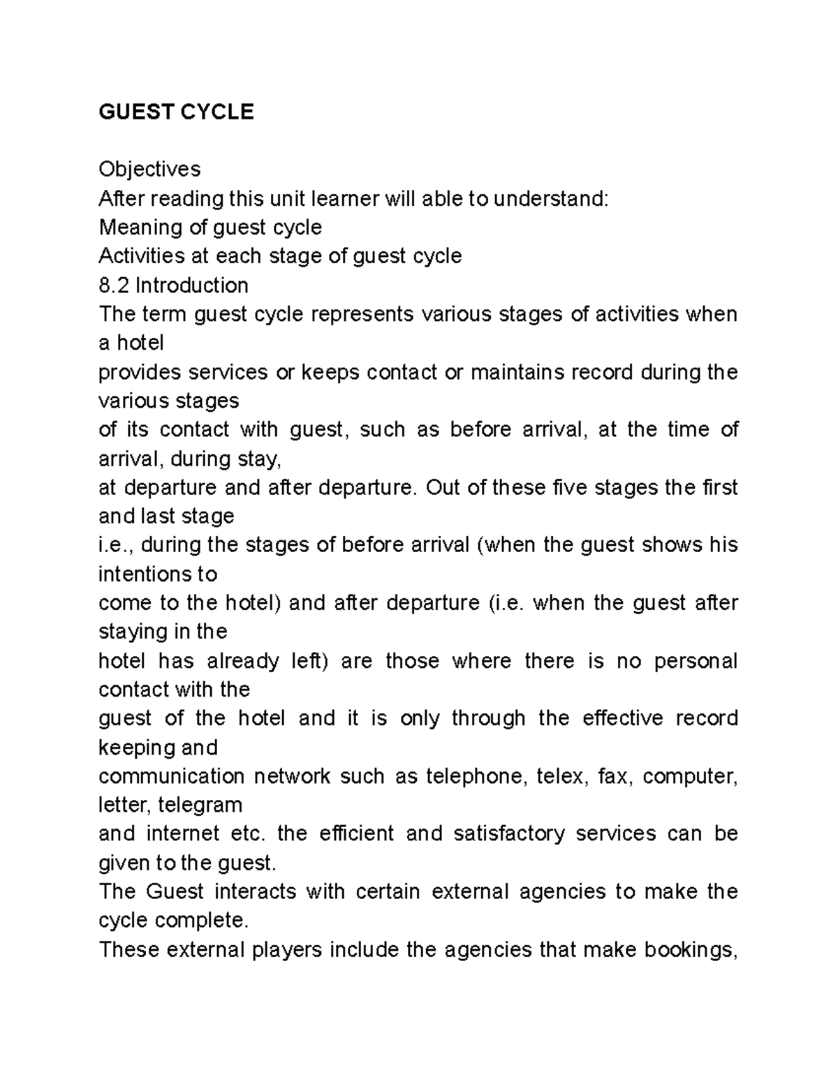 Guest Cycle ( hospitality) - GUEST CYCLE Objectives After reading this ...