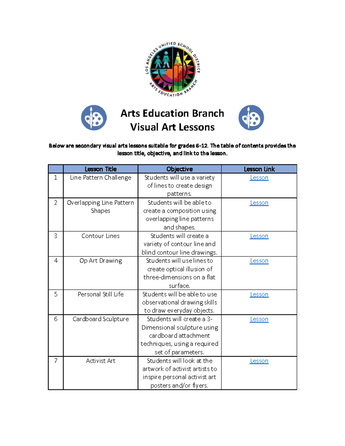 Visual Art Final - Arts Education Branch Visual Art Lessons Below are ...