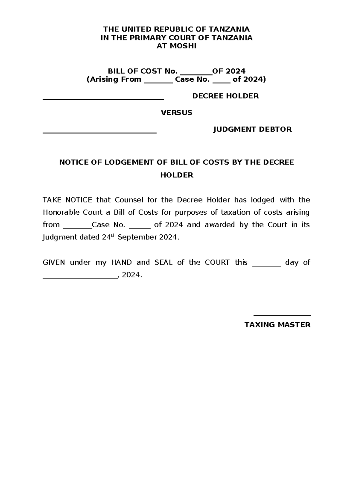 THE BILL OF Costs Sample - THE UNITED REPUBLIC OF TANZANIA IN THE ...