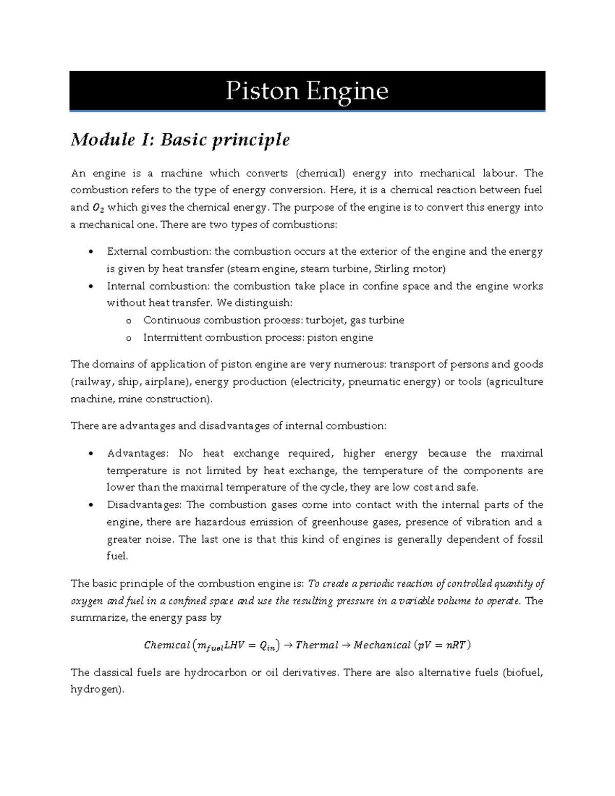 Samenvatting Piston Engines - Piston Engine Module I: Basic principle ...