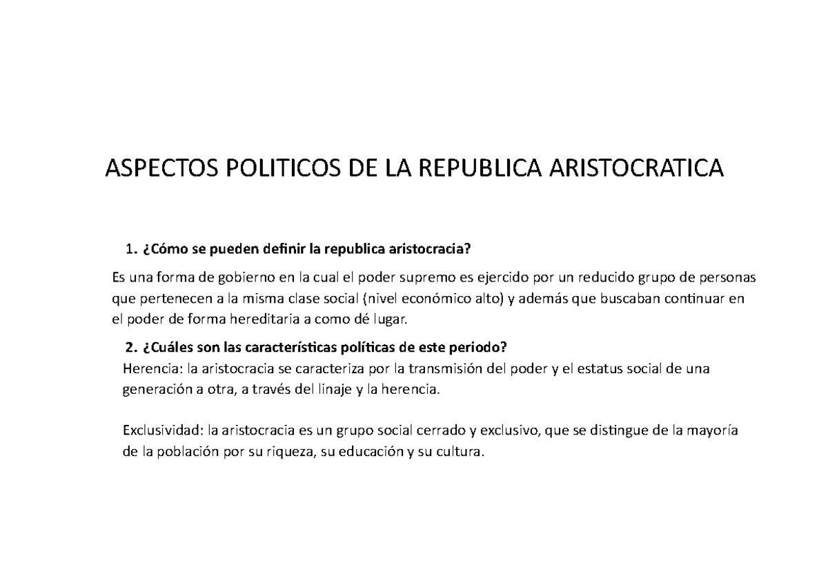 Aspectos Politicos DE LA Republica Aristocratica - ASPECTOS POLITICOS ...