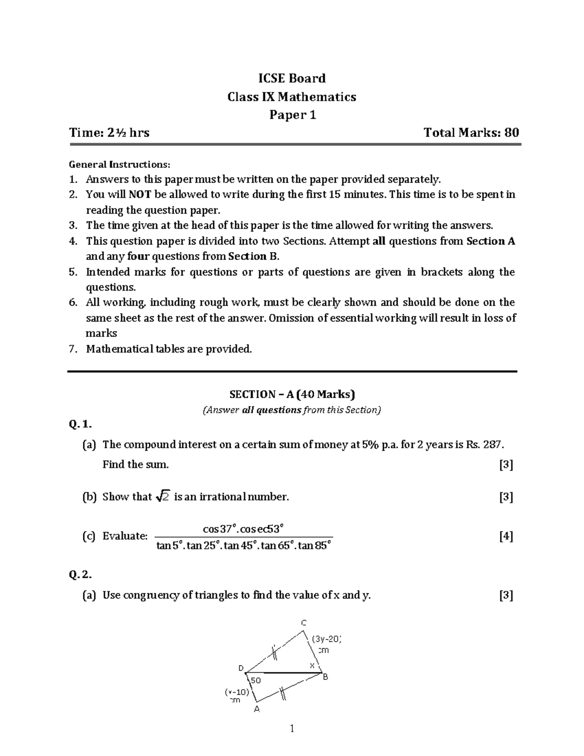 Maths 9 icse sample paper 1 - ICSE Board Class IX Mathematics Paper 1 ...